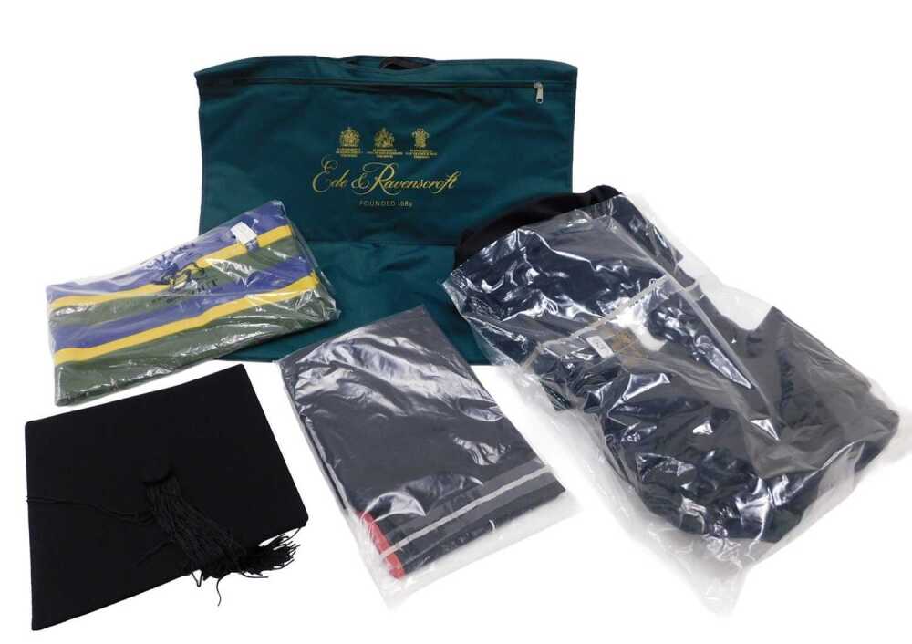 An Ede & Ravenscroft graduation gown, to include mortar board, carrying ...