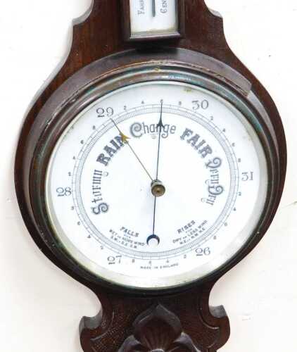 - A late 19thC oak cased barometer, with a circular white enamel dial ...