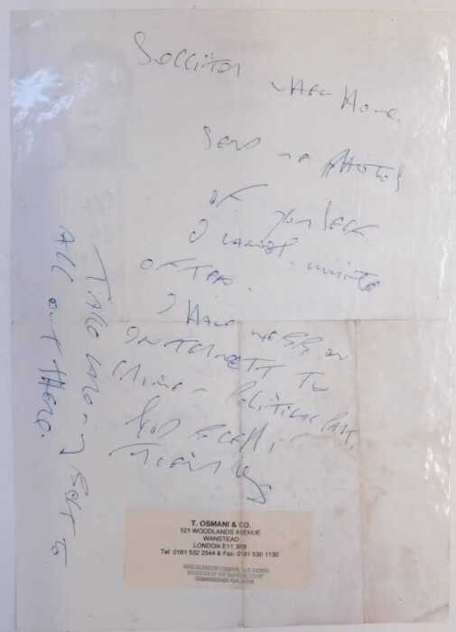A Reggie Kray letter, dated 19th September 1996 at 6am, double sided ...