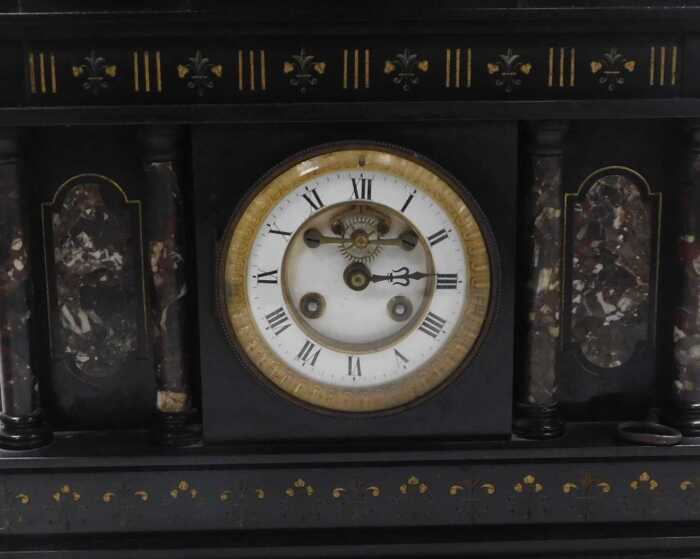 A late 19thC slate and marble mantel clock, circular brass dial with ...