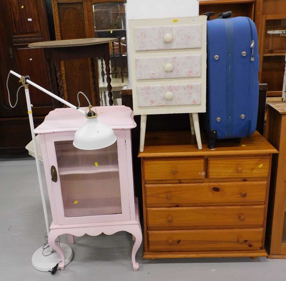 A group of furniture, to include a pink painted display cabinet, with ...